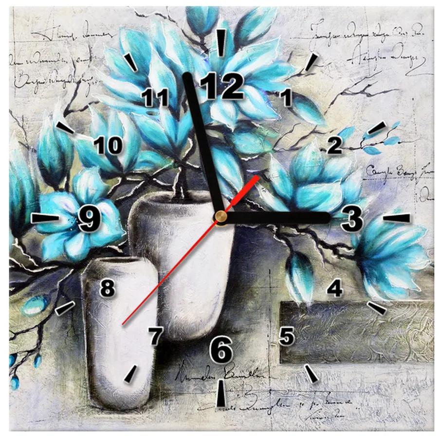 Gario Obraz s hodinami Modré magnólie ve vázách Rozměry: 30 x 30 cm
