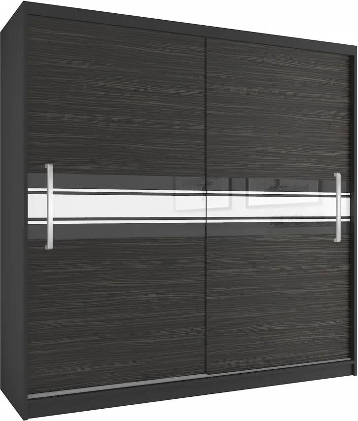 Praktická šatní skříň s ebenovými posuvnými dveřmi se skleněným vzorem šířka 200 cm černý korpus - Bez dojezdu