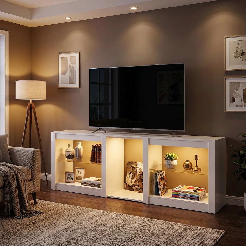HOMCOM TV komoda s RGB LED osvětlením, moderní TV nábytek s nastavitelnými skleněnými policemi, pro televize až do 75 palců, bílá