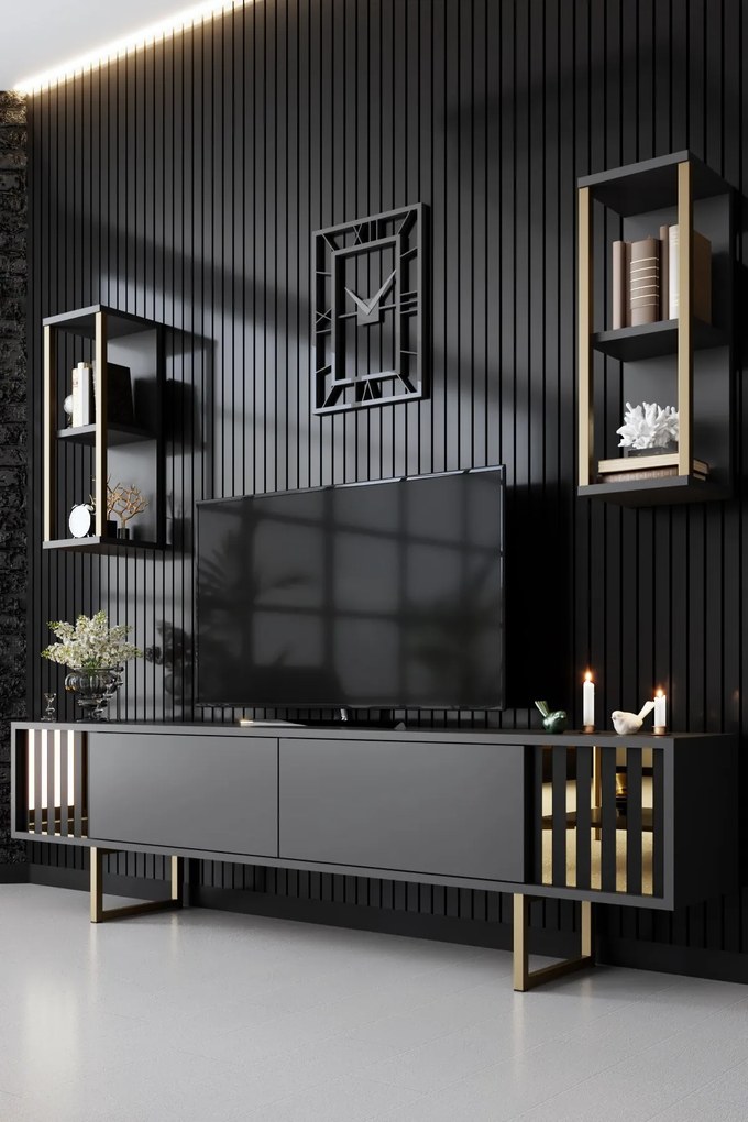 Hanah Home Obývací stěna Gold Line - Anthracite, Black, Antracitová, Černá