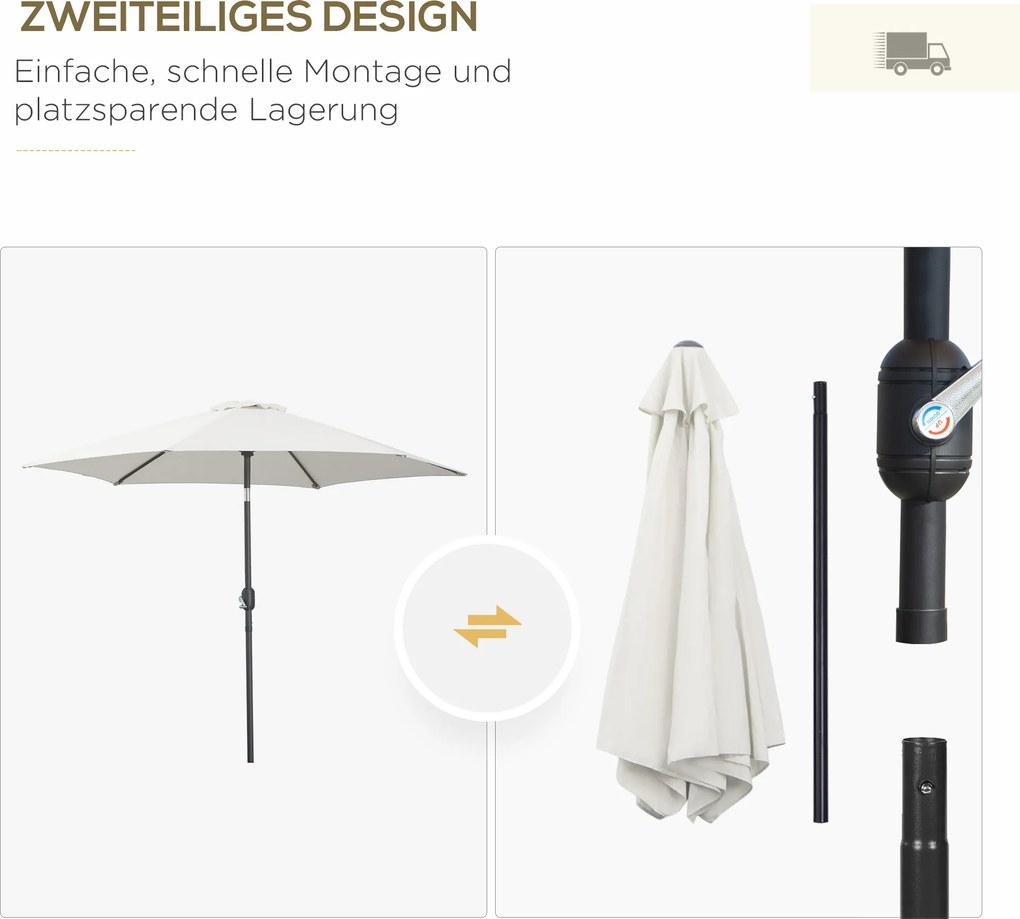 Outsunny Hliníkový Zahradní Slunečník Ø260x235 cm Sklopný Zahradní Parasol s Kličkou a 6 Kovovými Tyčemi pro Venkovní Terasu a Balkon Krémový