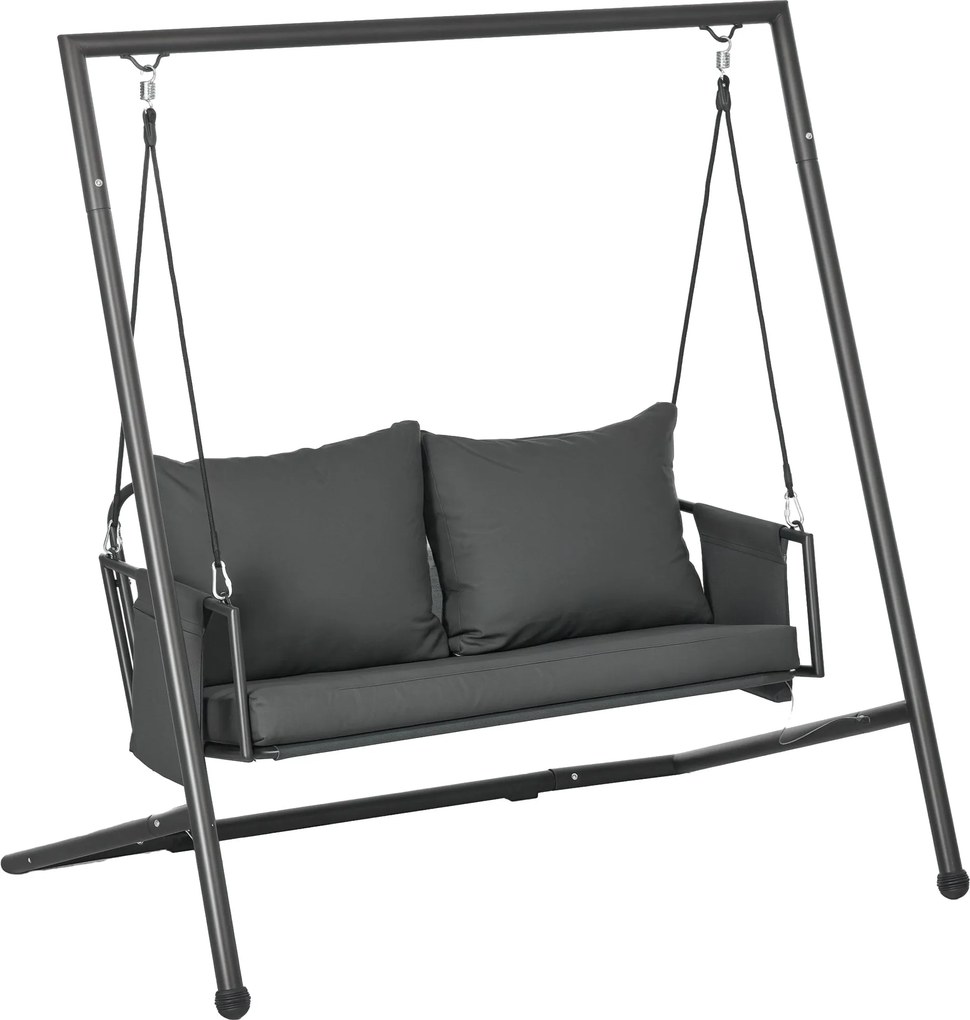 Zahradní houpačka Outsunny pro 2 osoby s polštáři a úložnými kapsami, venkovní houpačka z oceli a textilenu, 168x117x181 cm, tmavě šedá | Aosom