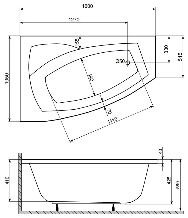 Arttec Thaleila Flat 160 x 105 cm PAN04401 vana hydromasážní akrylátová levá