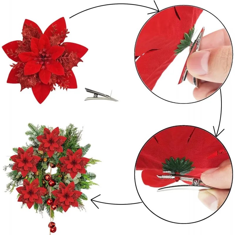 Flamenco Mystique Květina na vánoční stromek s klipem vánoce xxl 14 cm červený třpyt woz04cze.
