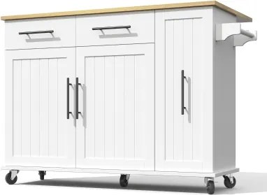 Aosom Mobilní kuchyňský ostrůvek s vysouvací pracovní deskou, 3stupňovým vysouvacím organizérem do skříně, 120 x 40/65 x 90 cm, bílá + přírodní barva