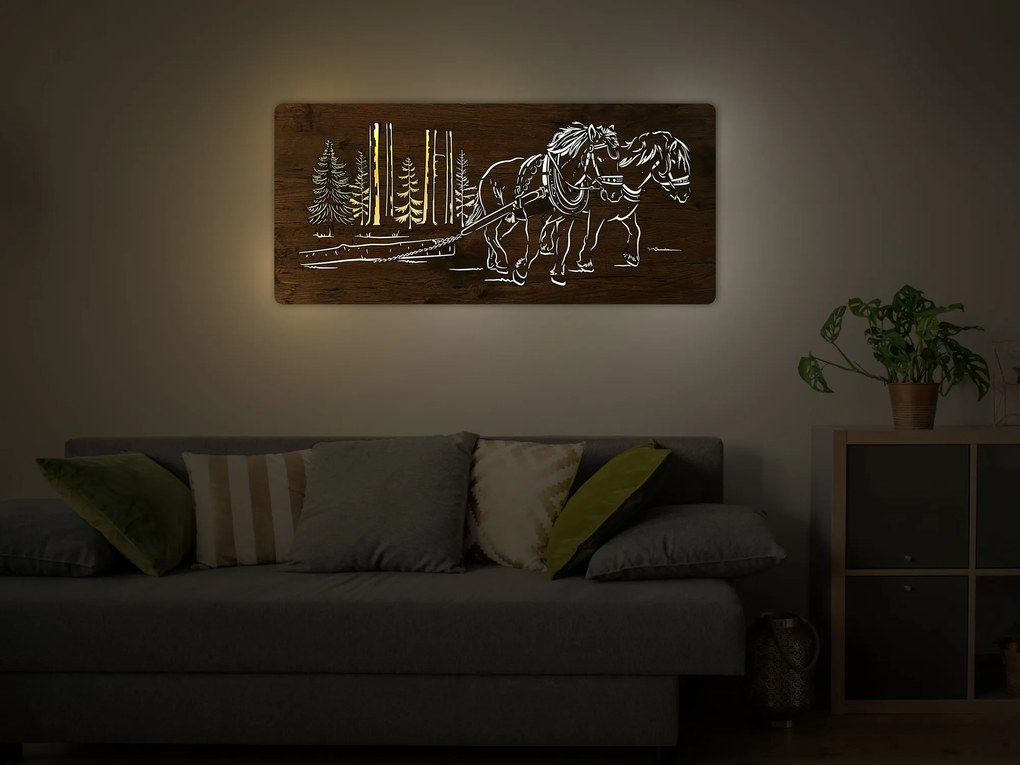 Li-Go "Koně v lese" světelný obraz  230V 110x50cm provedení povrchu: ořech
