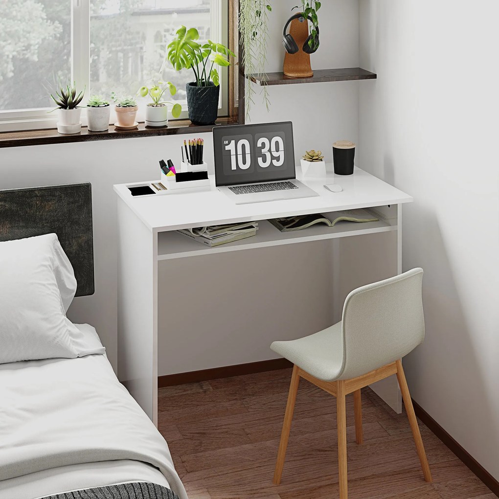 HOMCOM Počítačový stůl Kompaktní Elegantní kancelářský stůl s 1 policí, Dřevotříska, rozměr 90D x 50Š x 74V cm, Vysoce lesklá bílá