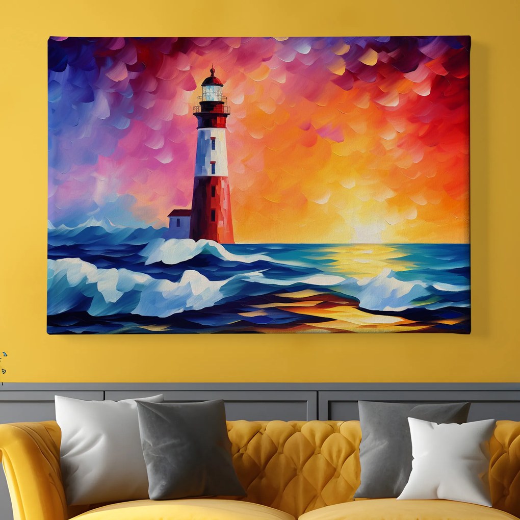 Obraz na plátně - Opuštěný maják a barevný západ slunce FeelHappy.cz Velikost obrazu: 180 x 120 cm