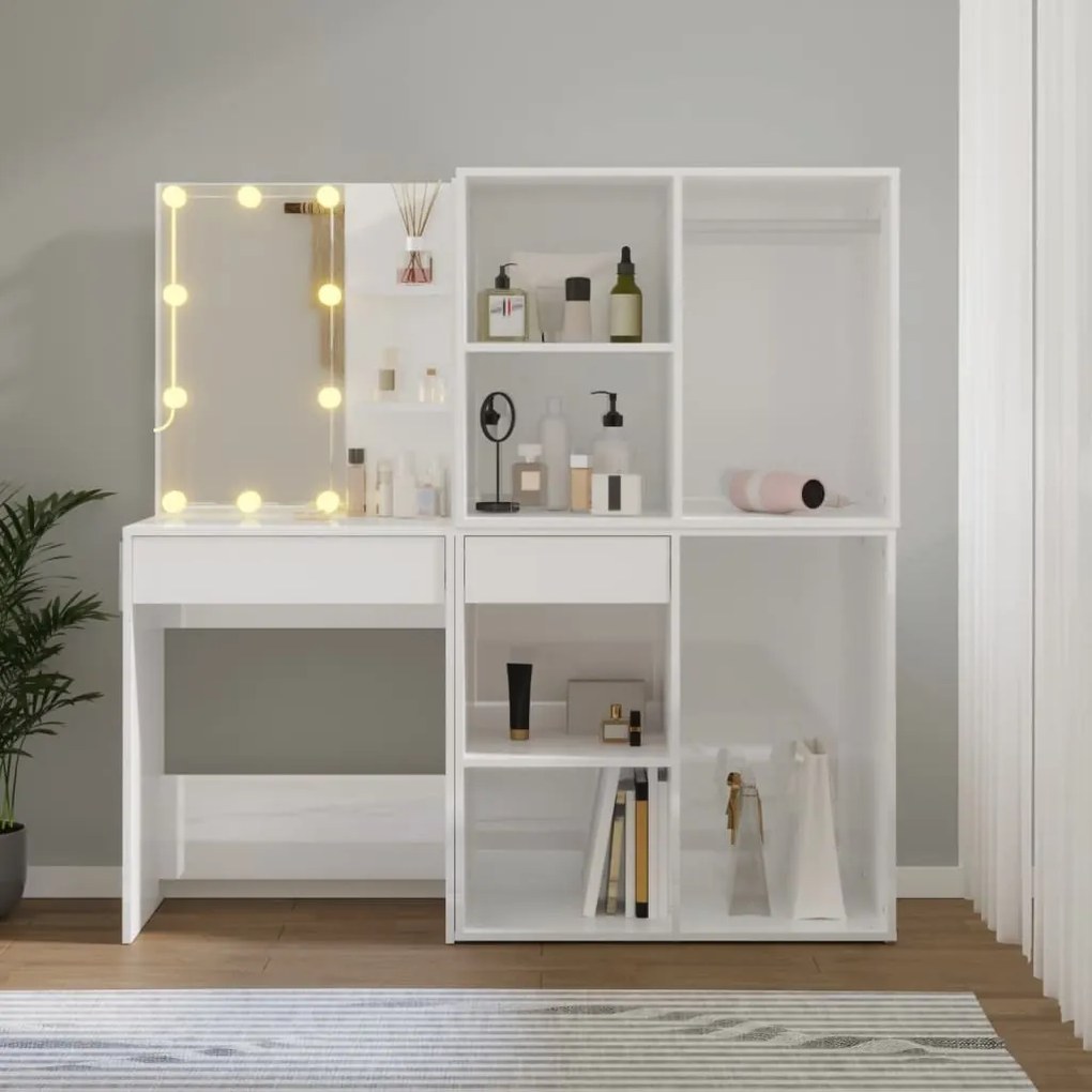 Led Toaletní Stolek Se 2 Skříňkami Lesklý Bílý Kompozitní Dřevo
