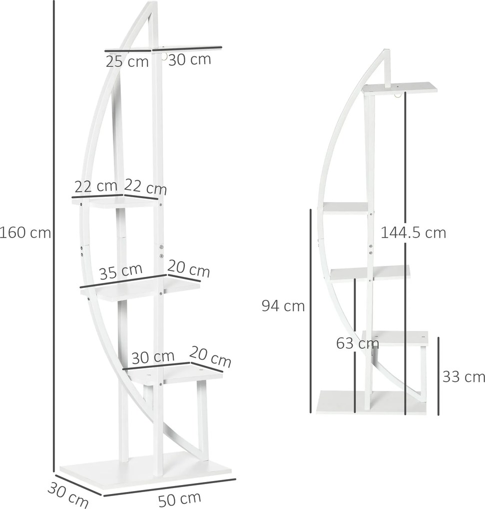 Outsunny 5-podlažní půlměsíční stojan na rostliny, stojan na květiny pro interiér a exteriér z MDF a oceli, 50x30x160 cm, Bílý