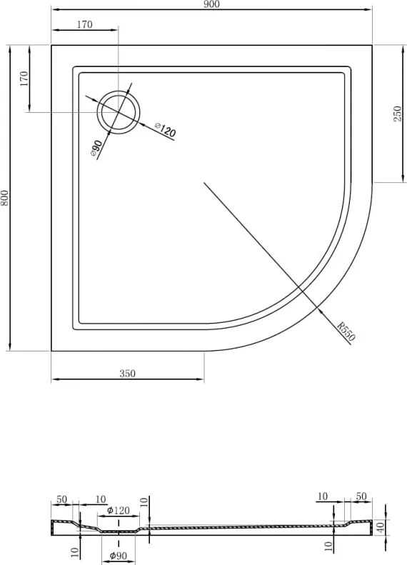 Mexen Flow, asymetrická čtvrtkruhová sprchová vanička slim, levá 90 x 80 cm, bílá lesklá, 46Q108090L