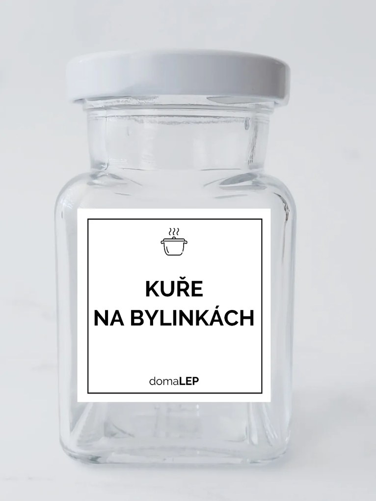Samolepka na kořenky KUŘE NA BYLINKÁCH bílá 5 × 5 cm tučné písmo