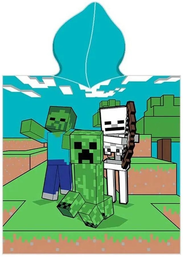 Dětské plážové pončo - osuška s kapucí Minecraft - motiv Alex a Steve - 100% bavlna - 50 x 115 cm / pro děti 3 - 6 let