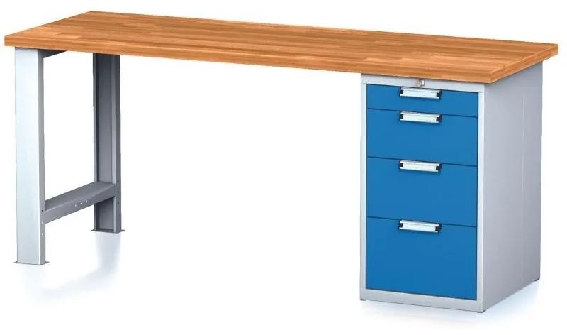 Alfa 3 Dílenský pracovní stůl MECHANIC I, pevná noha + dílenský box na nářadí, 4 zásuvky, 2000 x 700 x 880 mm, modré dveře