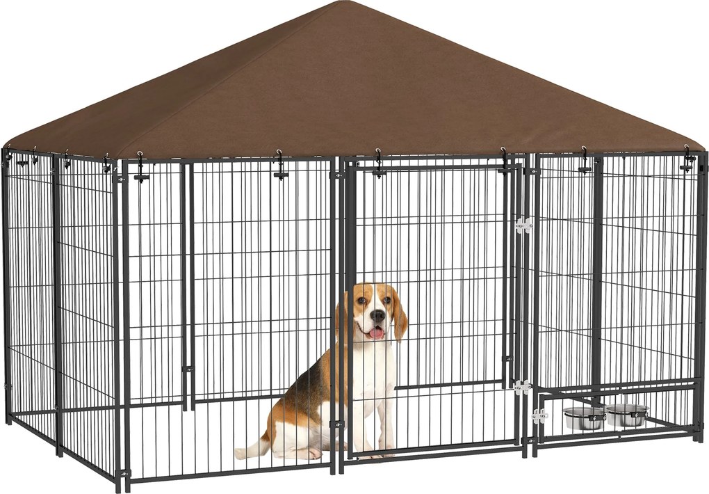 PawHut Kovový Psí Výběh s Krytem a Otáčivými Mísami pro Krmení 2 Mísy 211x141x151 cm Černá | Aosom