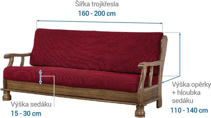 Super strečové potahy NIAGARA bordó trojkřeslo s dřevěnými rukojeťmi (š. 160 - 200 cm)