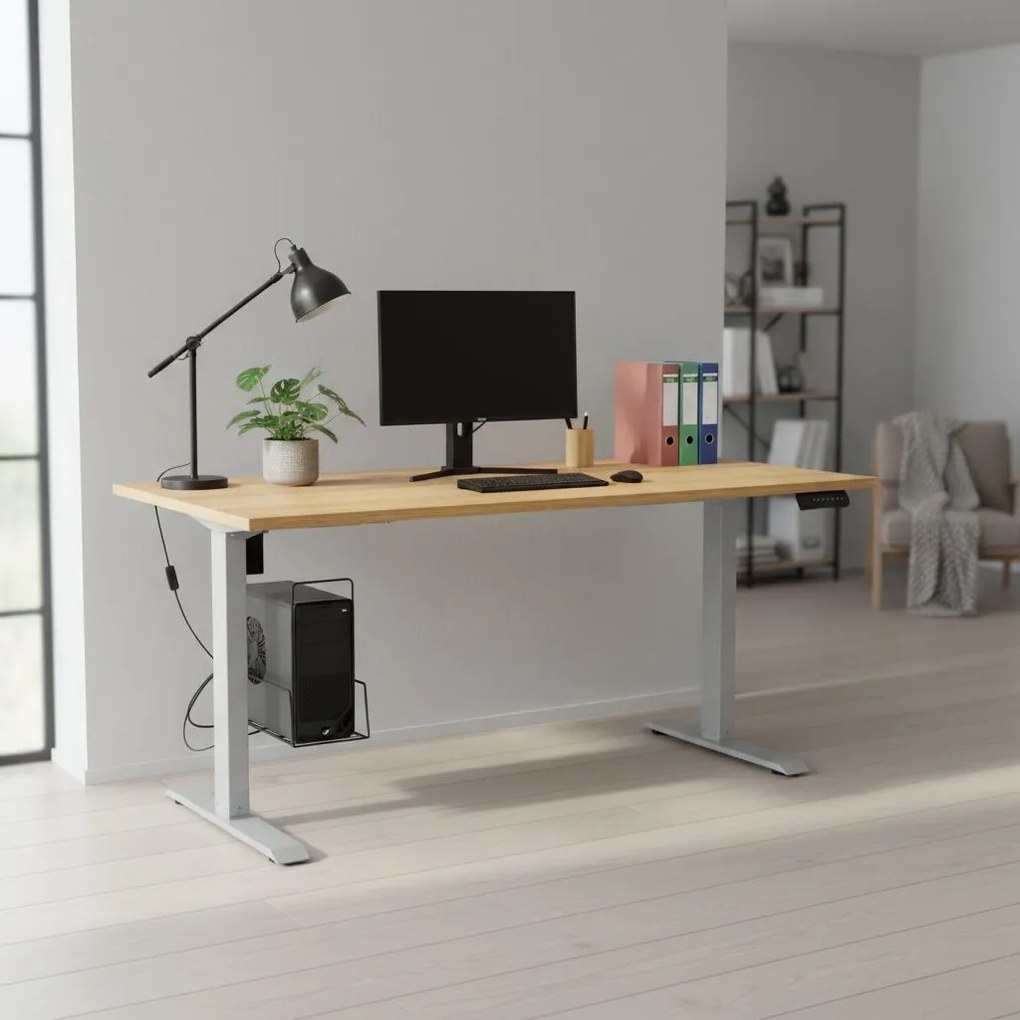 Výškově nastavitelný stůl OfficeTech B, 160 x 80 cm, šedá podnož, dub zlatý
