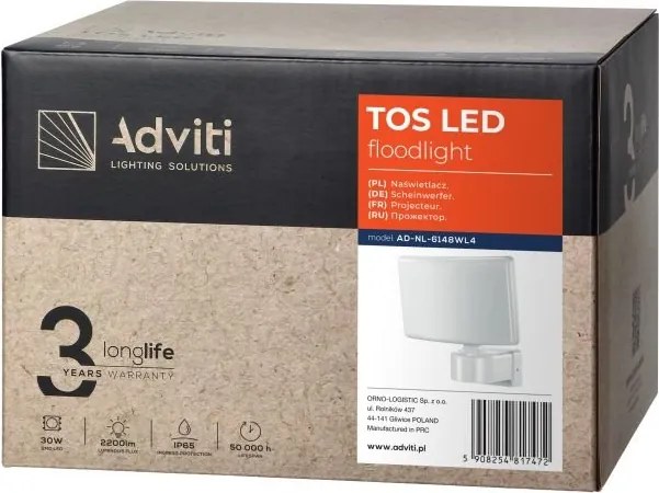 Venkovní osvětlení ADVITI AD-NL-6148WL4, 2200lm, IP65, 30W, 4000K, PC, bílá