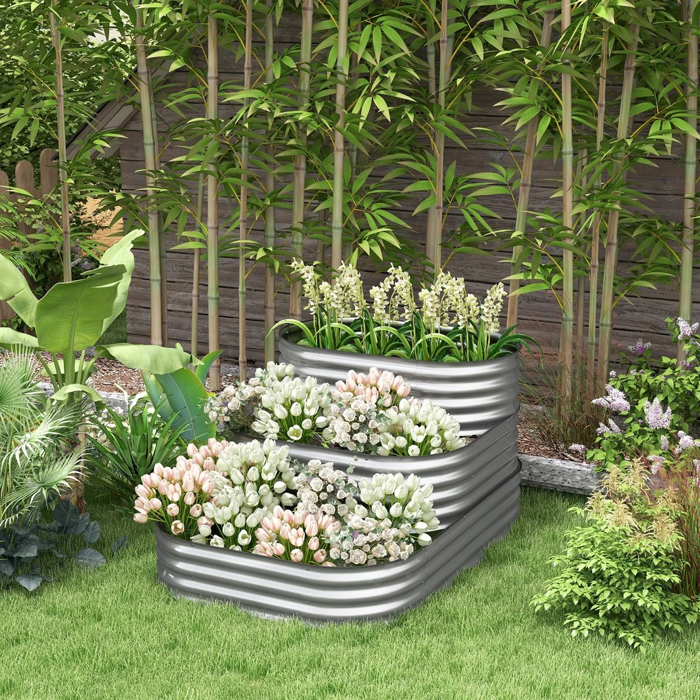 Outsunny Kovový Vyvýšený Zahradní Záhon, 3-Tier Kapacita, DIY Zahradní Box, Herbář s Bezpečnostními Okraji, Zeleninový Záhon pro Zahradu a Balkon, St…