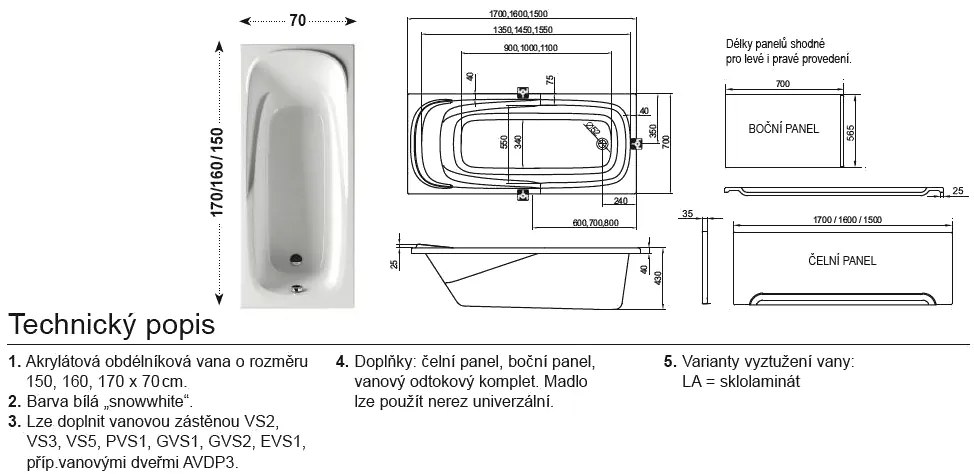 Ravak Vana obdélníková 150×70 cm,     VANDA II 150   CO11000000 VANDA II 150