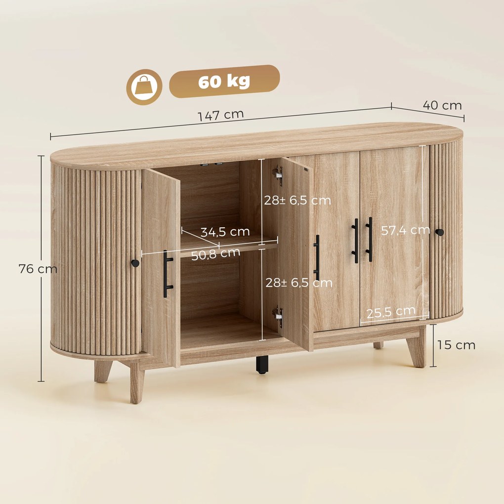 HOMCOM komoda do obývacího pokoje, oválný úložný nábytek se 4 dveřmi a 2 nastavitelnými policemi, 147x40x76 cm, dub