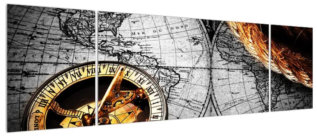 Historický obraz mapy světa a kompasu (170x50 cm)