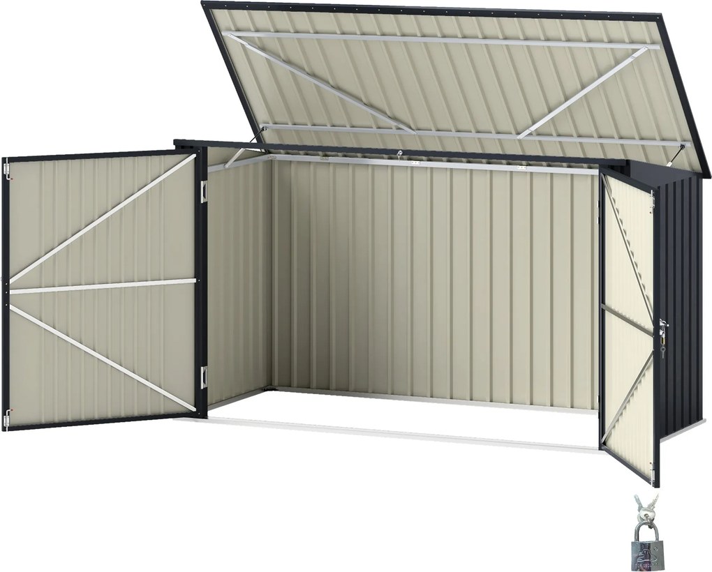 Outsunny Kryt na venkovní odpadkový koš pro 3 kontejnery 240L, 233x105 cm kontejner na odpadky s 2 dveřmi a zámky, 2,3 m² zahradní shed, box na odpadk