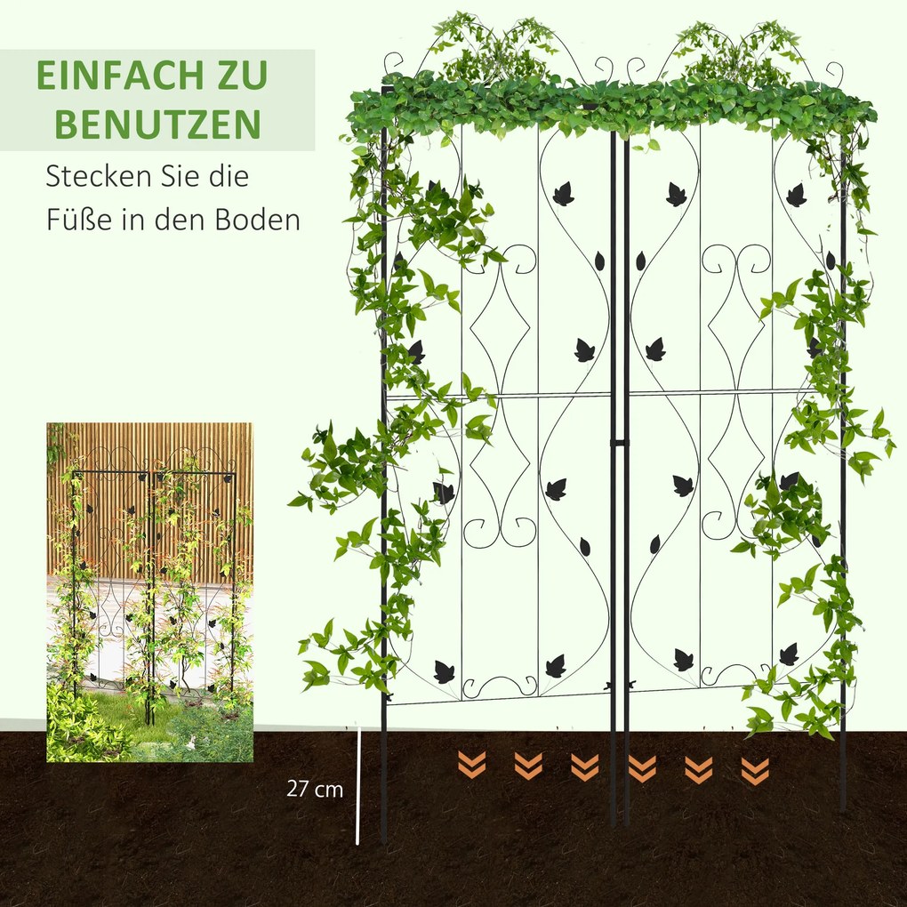 Ocelová mřížka sada 2 nerezových podpěr pro popínavé rostliny s listy 50 x 181 cm černá