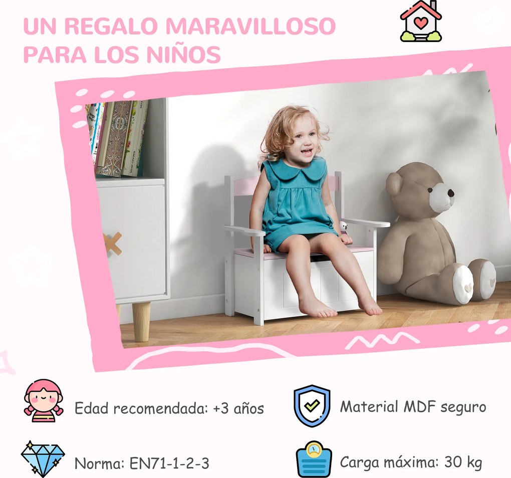 AIYAPLAY dětský sedací box s úložným prostorem, opěradlem a funkcí Soft-Close, 68,5×34×58 cm, Růžová/Bílá