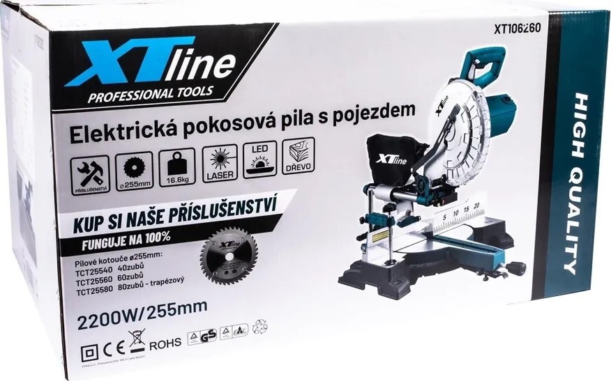 Pokosová pila s pojezdem a laserem XTline XT106260, 2200 W, 255 mm