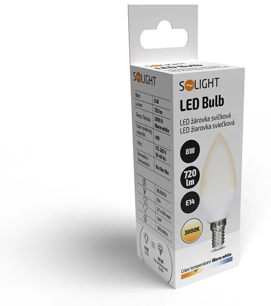 SOLIGHT LED žárovka svíčka matná C37 8W, E14, 3000K, 720lm