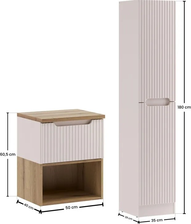 Koupelnová sestava Nova Cashmere I s deskou, regálem a skříňkami 50 cm kašmírová/dub coast evoke