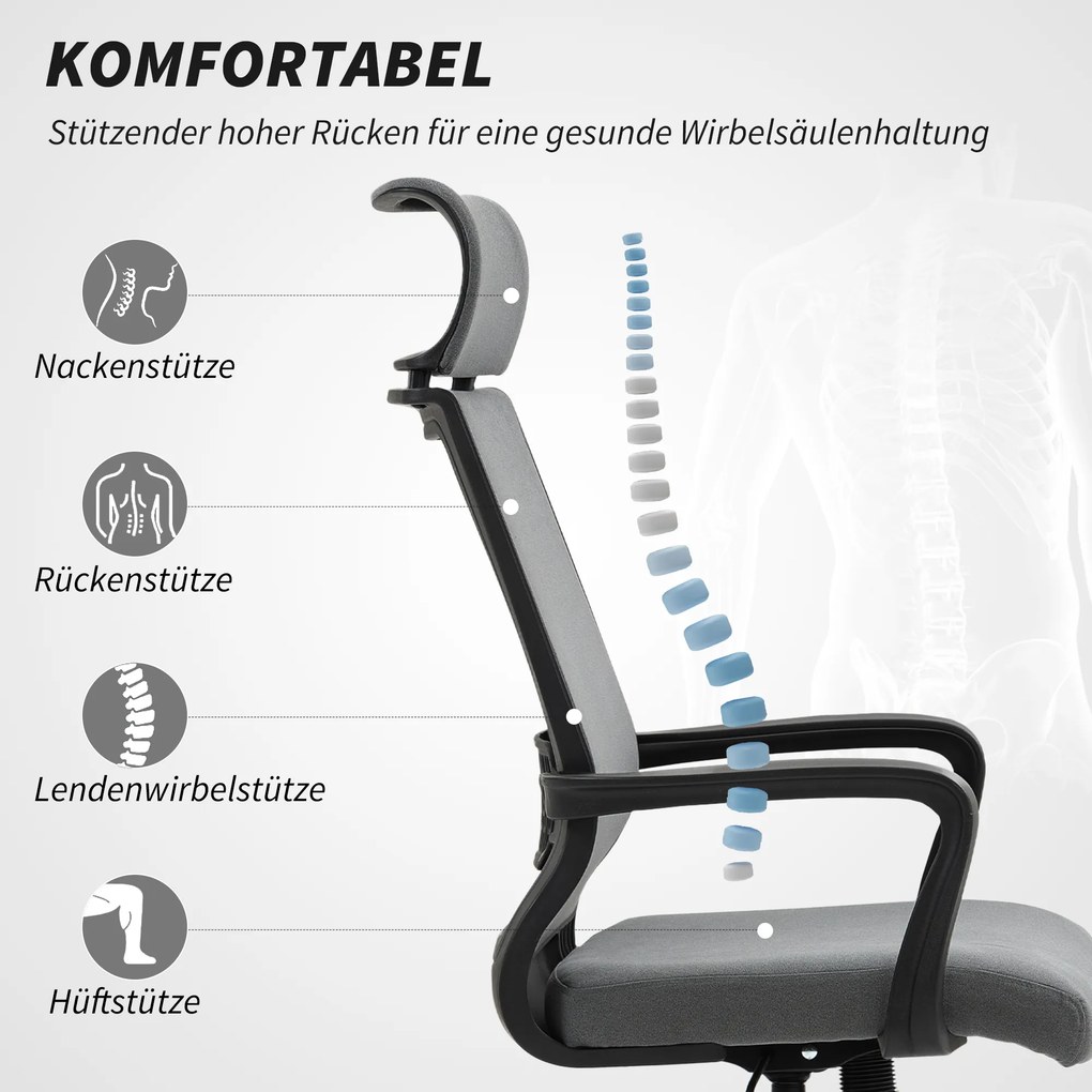 HOMCOM Kancelářská židle, ergonomická stolní židle s opěrkami, opěrkou hlavy, výškově nastavitelná otočná židle s houpací funkcí, počítačová židle s …