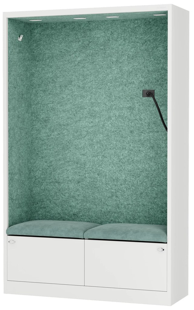 Kancelářská akustická kabina se sedátkem a USB-C portem, korpus bílý / sedák zelený, 1150 mm: SALLY MentalBox