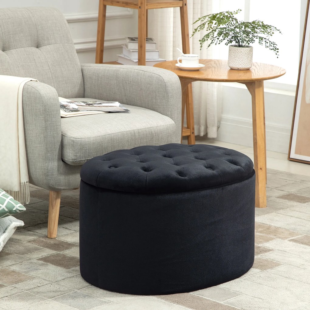 HOMCOM Lavice v černé barvě Moderní čalouněná lavice s úložným prostorem, sametový polyester, kaučukové dřevo, oválný tvar, 71x52x42cm