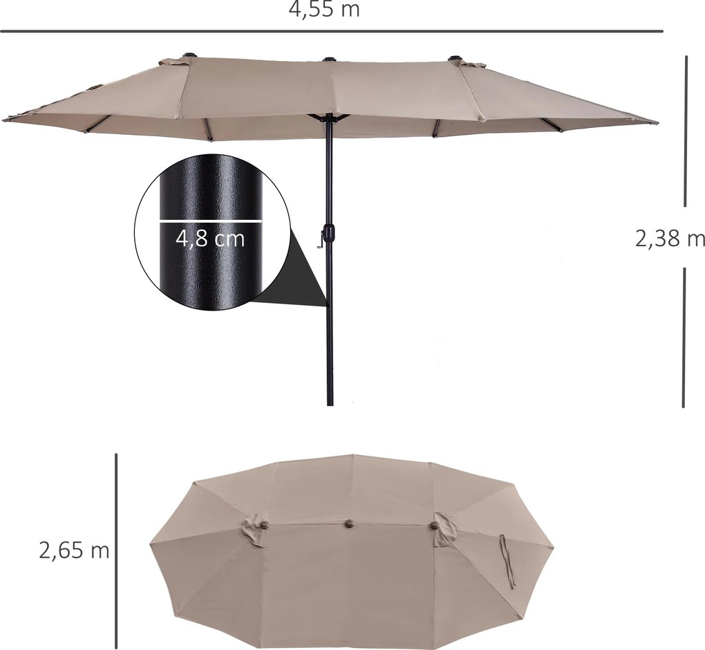 Slunečník Outsunny market double s ruční klikou oválný 460 x 270 x 240 cm ve světle kávové barvě pro zahradu a terasu | Aosom.de