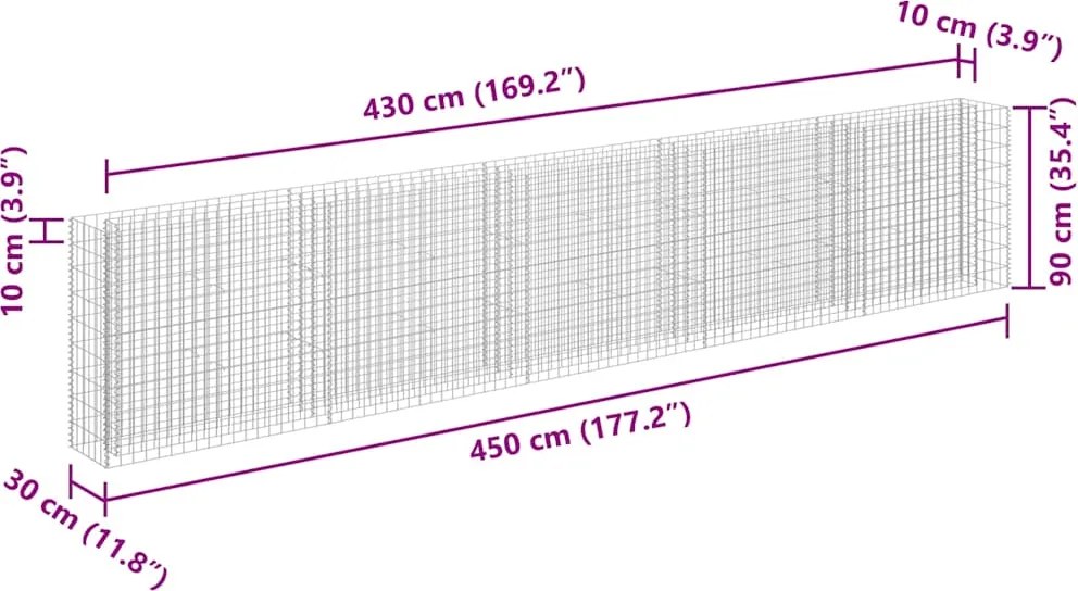 Gabionový vyvýšený záhon pozinkovaná ocel 450 x 30 x 90 cm 145647