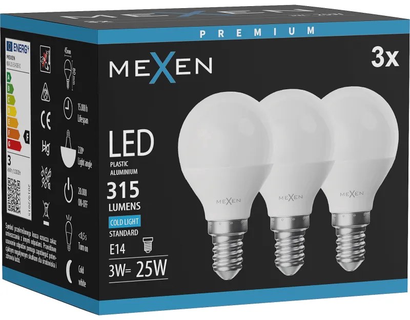 Mexen Nova 3x LED žárovka E14, G45, 3W, Studená - 6500K, 315 lm - L101-E14-0365-01x03