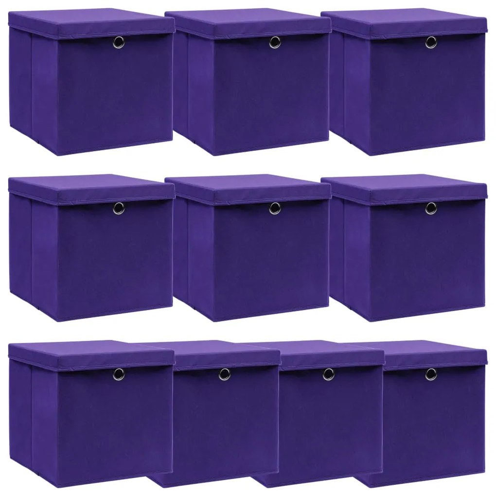 Úložné boxy s víky 10 ks fialové 32 x 32 x 32 cm textil 288356