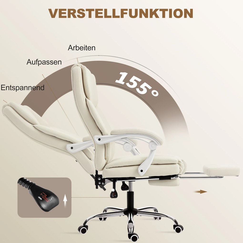HOMCOM ergonomická kancelářská židle — sklopné opěradlo, nastavitelná výška, podnožka, 360° otočná, taštičkové pružiny, ekokůže, béžová