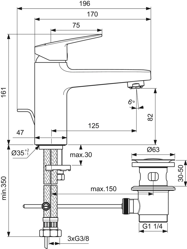 Ideal Standard Ceraplan - Umyvadlová baterie Grande nízkotlaká s kovovou odtokovou garniturou, chrom BD230AA