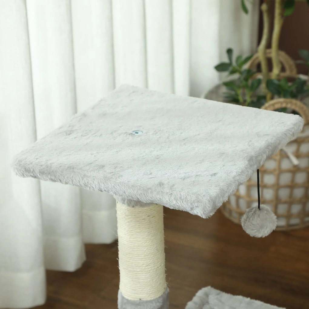 Kočičí strom PawHut se 3 škrabacími sloupy, přírodní sisal, platforma, houpací síť a závěsná míčková hračka, rozměry 50 x 26 x 70 cm, krátký plyš, sv…