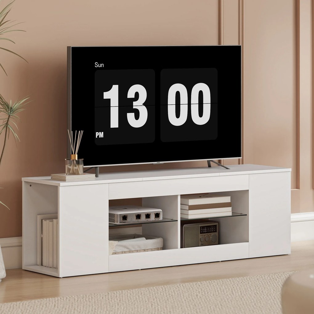 HOMCOM 140 cm TV stojan, televizní komoda, 6 přihrádek, 2 skleněné police, dřevotříska, bílá
