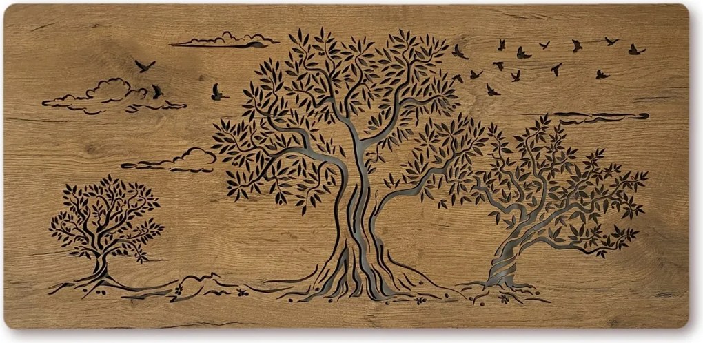 Li-Go "Tři olivy" světelný obraz s baterií 90x40cm varianta ovládání: manuál/pohybové čidlo, provedení povrchu: ořech