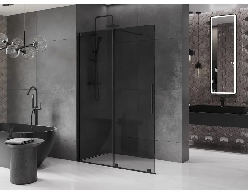 Mexen Velar, sprchová zástěna s posuvnými dveřmi Walk-in 130 x 200 cm, 8mm šedé sklo, černá matná, 871-130-000-43-70
