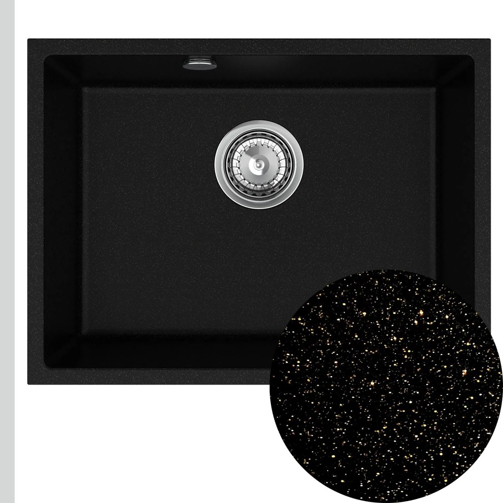 Sink Quality Crypton 60, kuchyňský granitový dřez 535x400x205 mm + chromový sifon, černá skvrnitá, SKQ-CRY.B.1KBO.60.X