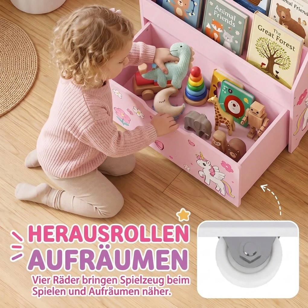 AIYAPLAY Montessori knihovna pro děti se zásuvkou, 3 patra, růžová
