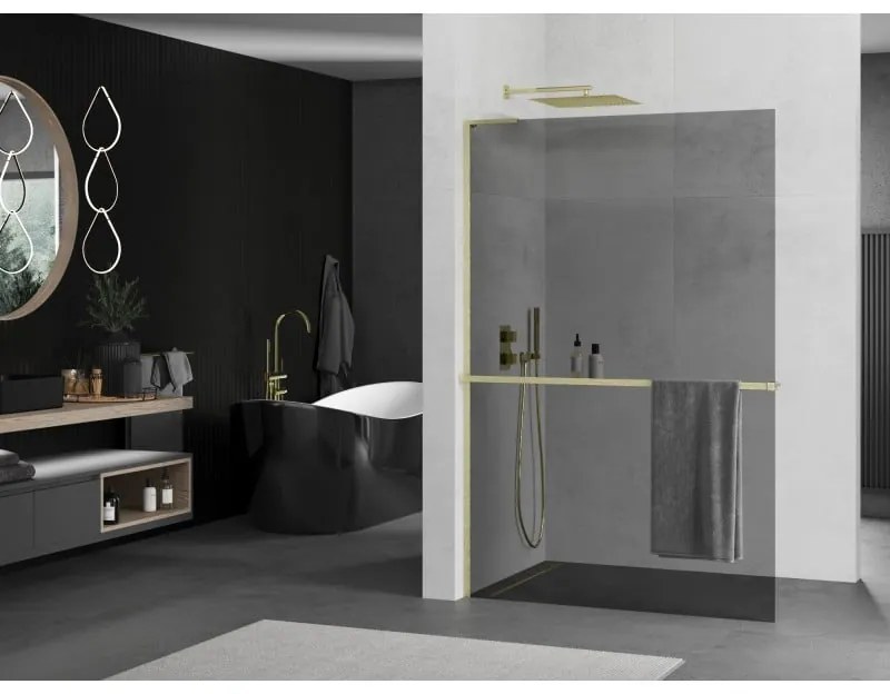 Mexen Kioto+ L, sprchová zástěna Walk-In s poličkou a věšákem 80 x 200 cm, 8mm šedé sklo, zlatý matný profil, 800-080-123-55-40