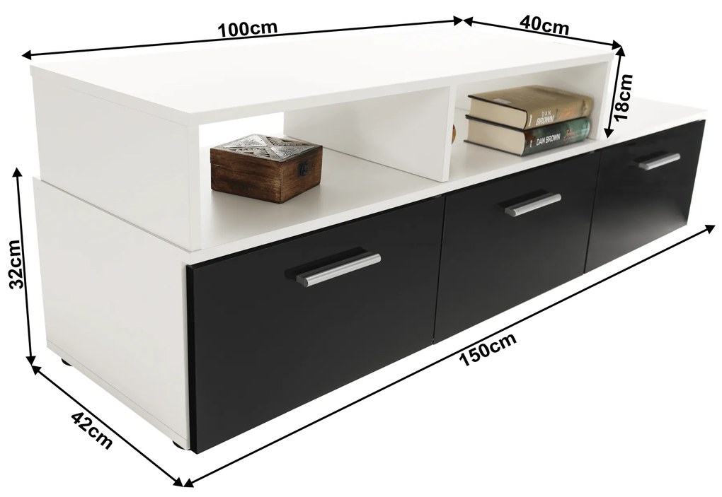 Kondela Obývací stěna, bílá / černý extra vysoký lesk HG, LEO