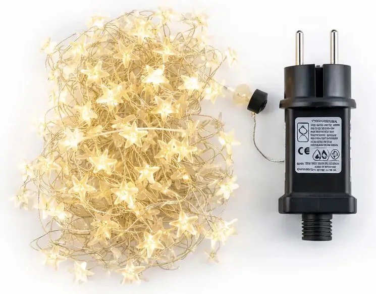 LED světelný řetěz, hvězdičky na drátku, 5 m, venkovní, teple bílá, 400 diod, stříbrný kabel IP44, vč. zdroje